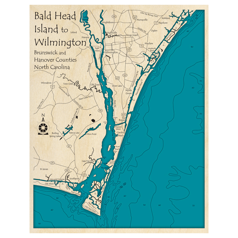 Bald Head Island to Wilmington, North Carolina 3D Custom Wood Map ...