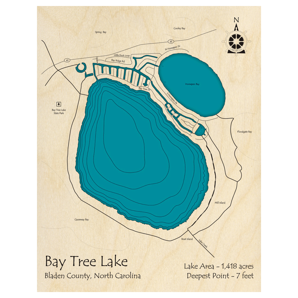 Bay Tree Lake, North Carolina 3D Custom Wood Map – Lake Art LLC