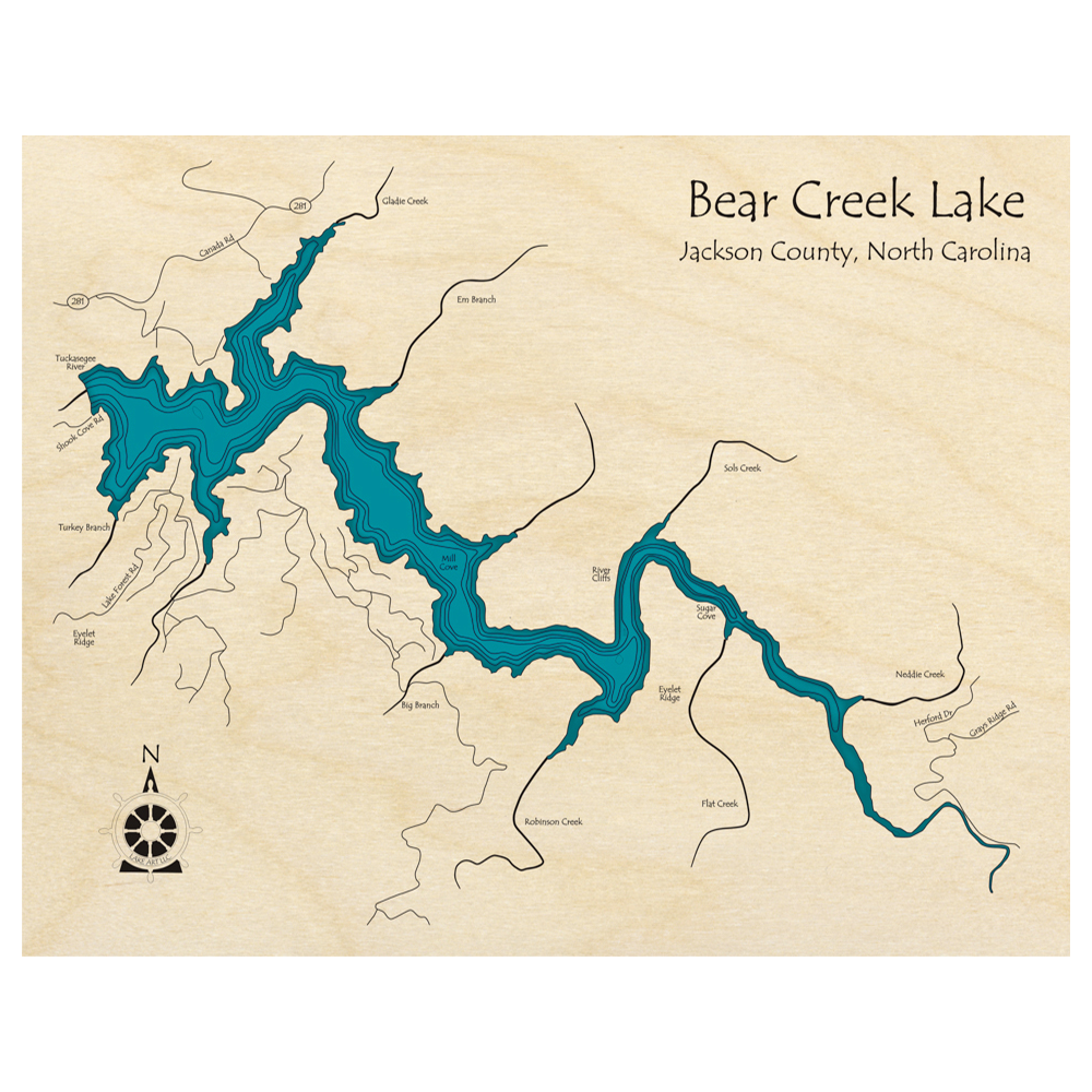 Bear Creek Lake, North Carolina 3D Custom Wood Map – Lake Art LLC