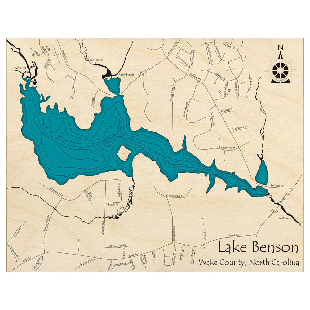 Lake Benson, North Carolina 3D Custom Wood Map – Lake Art LLC