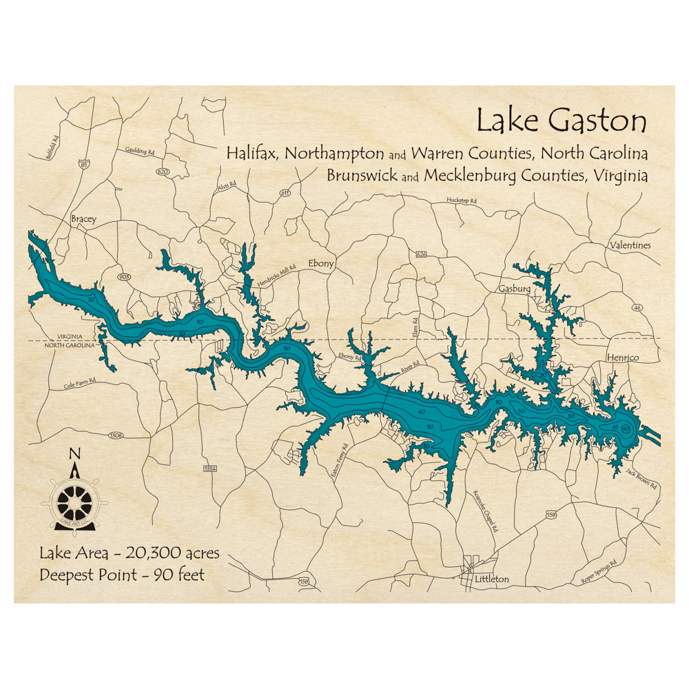 Lake Gaston (NC, VA) 3D Custom Wood Map – Lake Art LLC