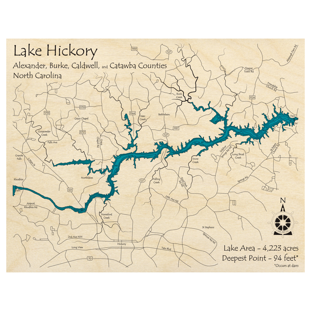 Lake Hickory, North Carolina 3D Custom Wood Map – Lake Art LLC