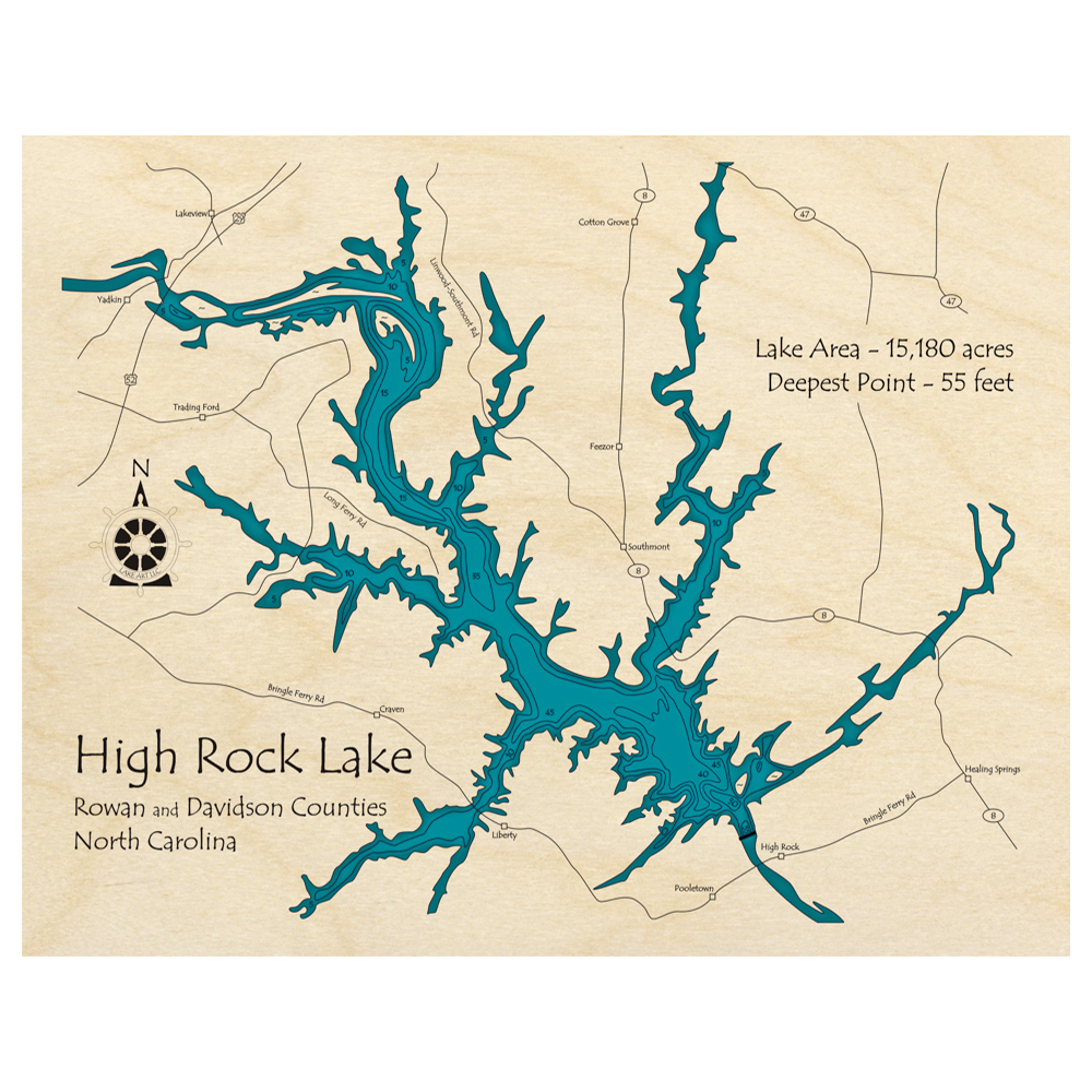High Rock Lake, North Carolina 3D Custom Wood Map – Lake Art LLC