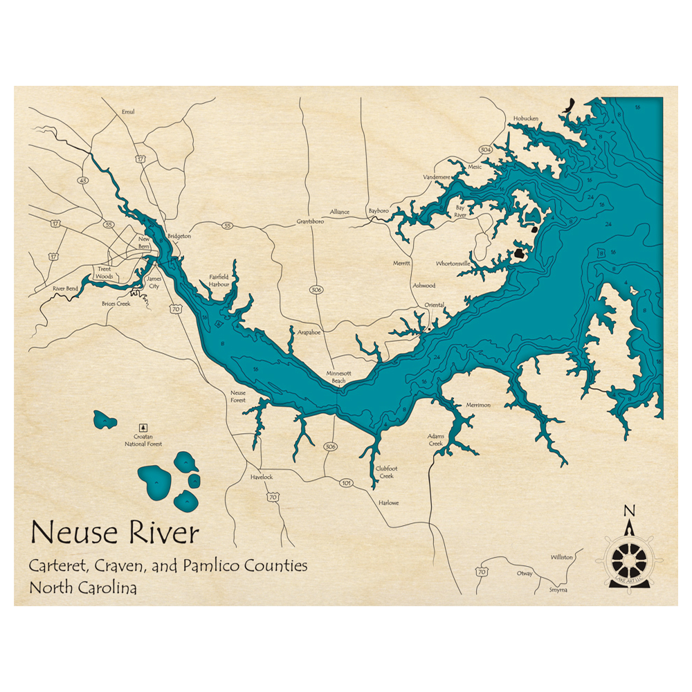 Neuse River, North Carolina 3D Custom Wood Map – Lake Art LLC