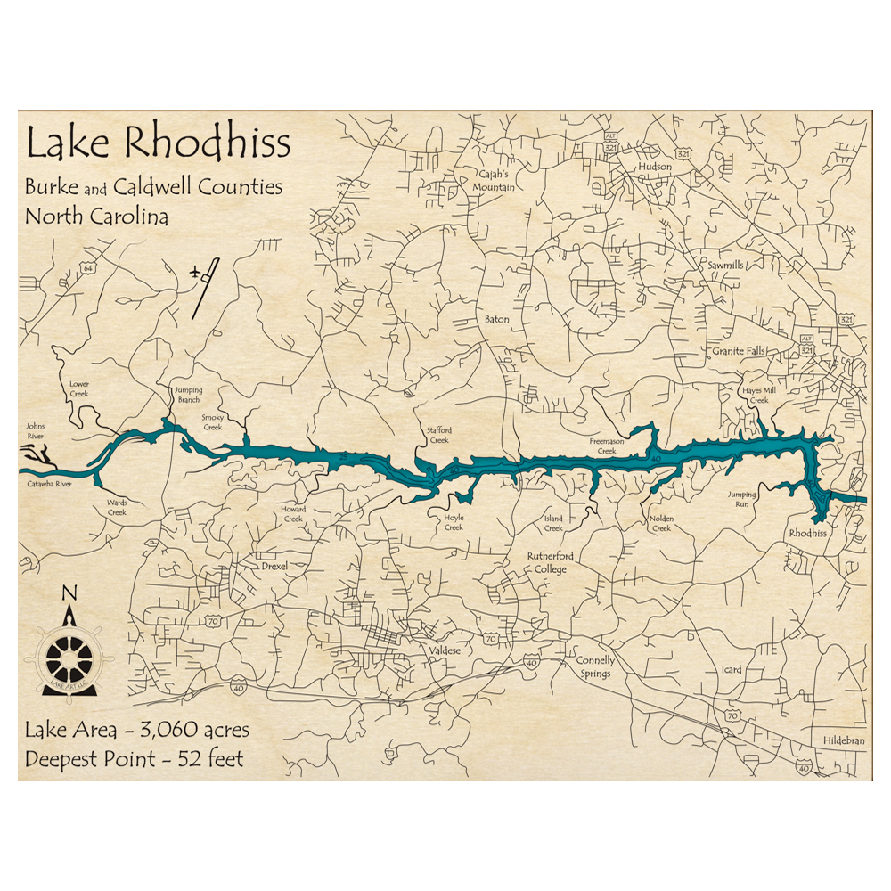 Lake Rhodhiss, North Carolina 3D Custom Wood Map – Lake Art LLC