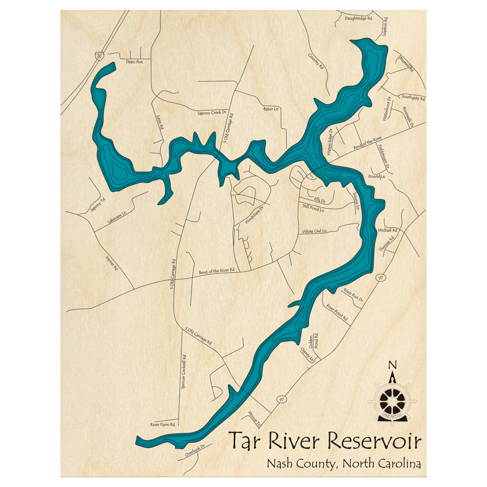 Tar River Reservoir, North Carolina 3D Custom Wood Map – Lake Art LLC
