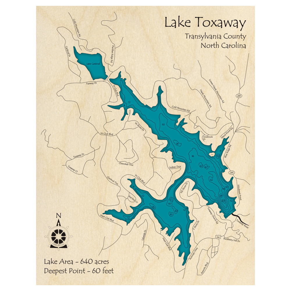 Lake Toxaway and Cardinal Lake, North Carolina 3D Custom Wood Map ...
