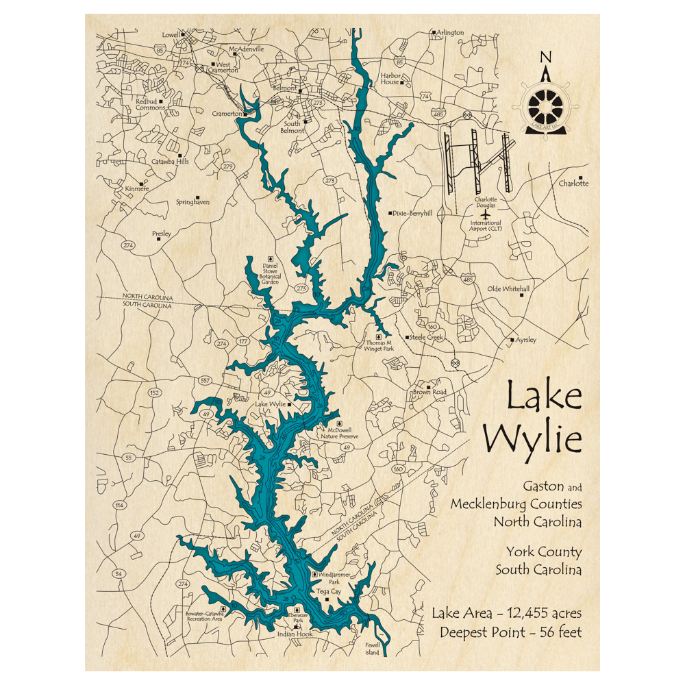 Lake Wylie (NC, SC) 3D Custom Wood Map – Lake Art LLC