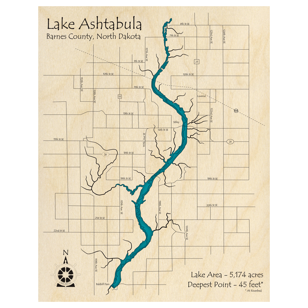 Lake Ashtabula, North Dakota 3D Custom Wood Map – Lake Art LLC