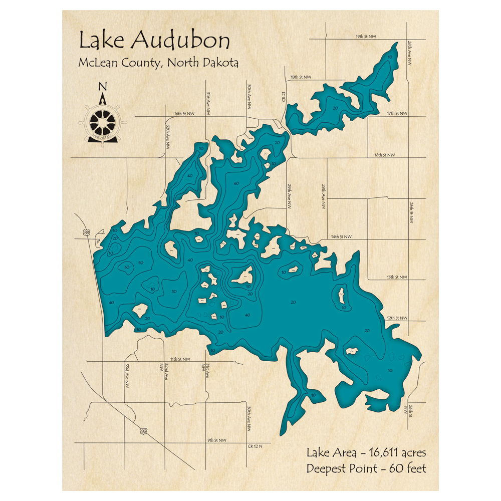 Lake Audubon, North Dakota 3D Custom Wood Map – Lake Art LLC
