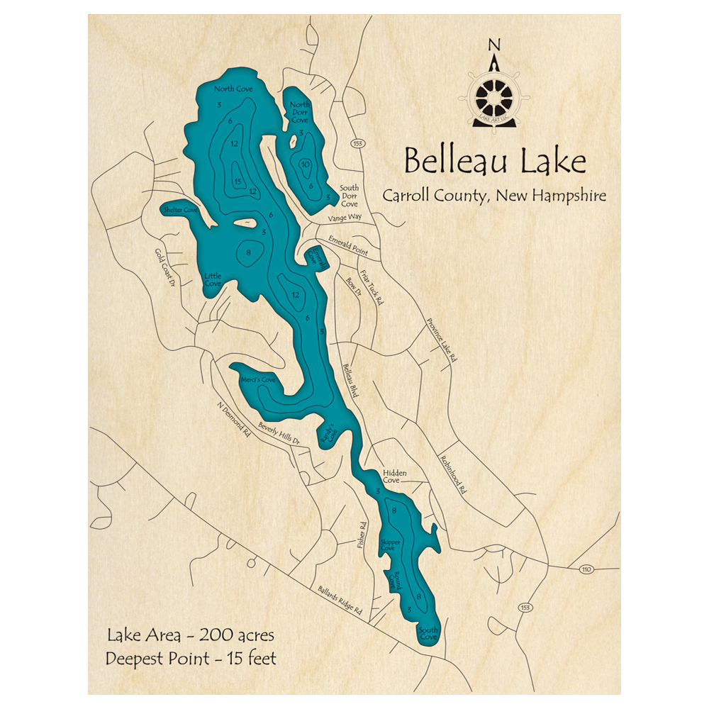 Belleau Lake, New Hampshire 3D Custom Wood Map – Lake Art LLC