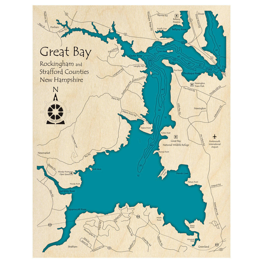 Great Bay, New Hampshire 3D Custom Wood Map – Lake Art LLC