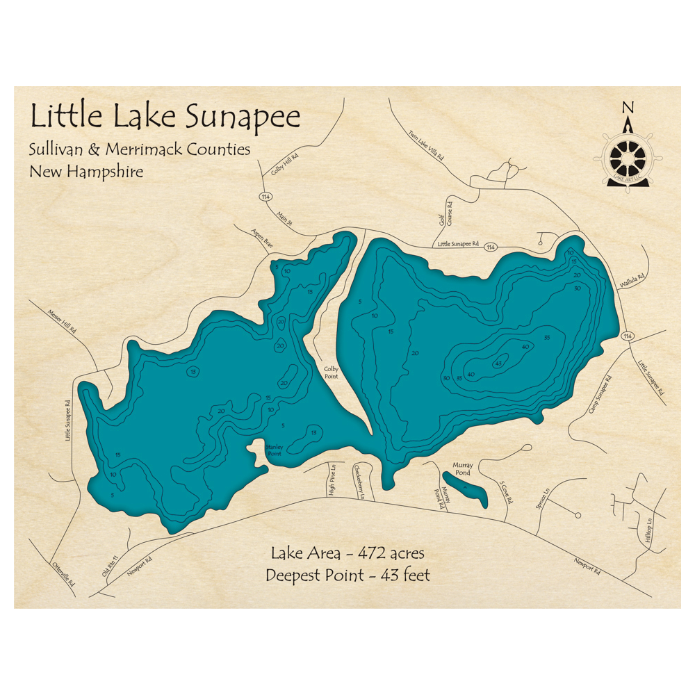 Little Lake Sunapee, New Hampshire 3D Custom Wood Map – Lake Art LLC
