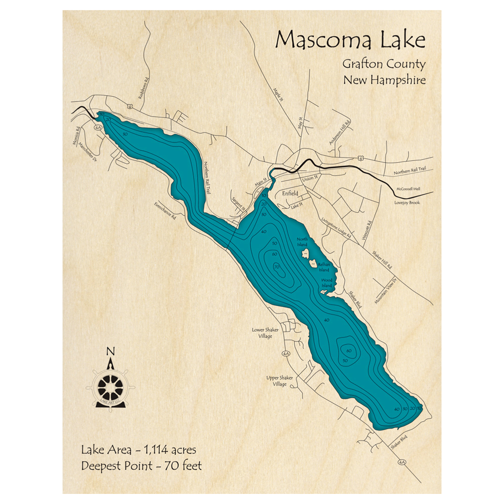 Mascoma Lake, New Hampshire 3D Custom Wood Map – Lake Art LLC