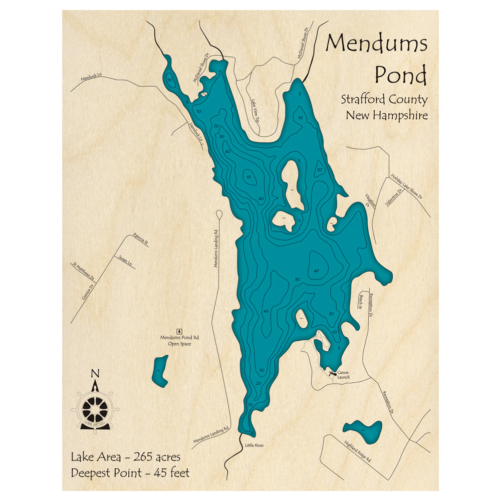Mendums Pond, New Hampshire 3D Custom Wood Map – Lake Art LLC