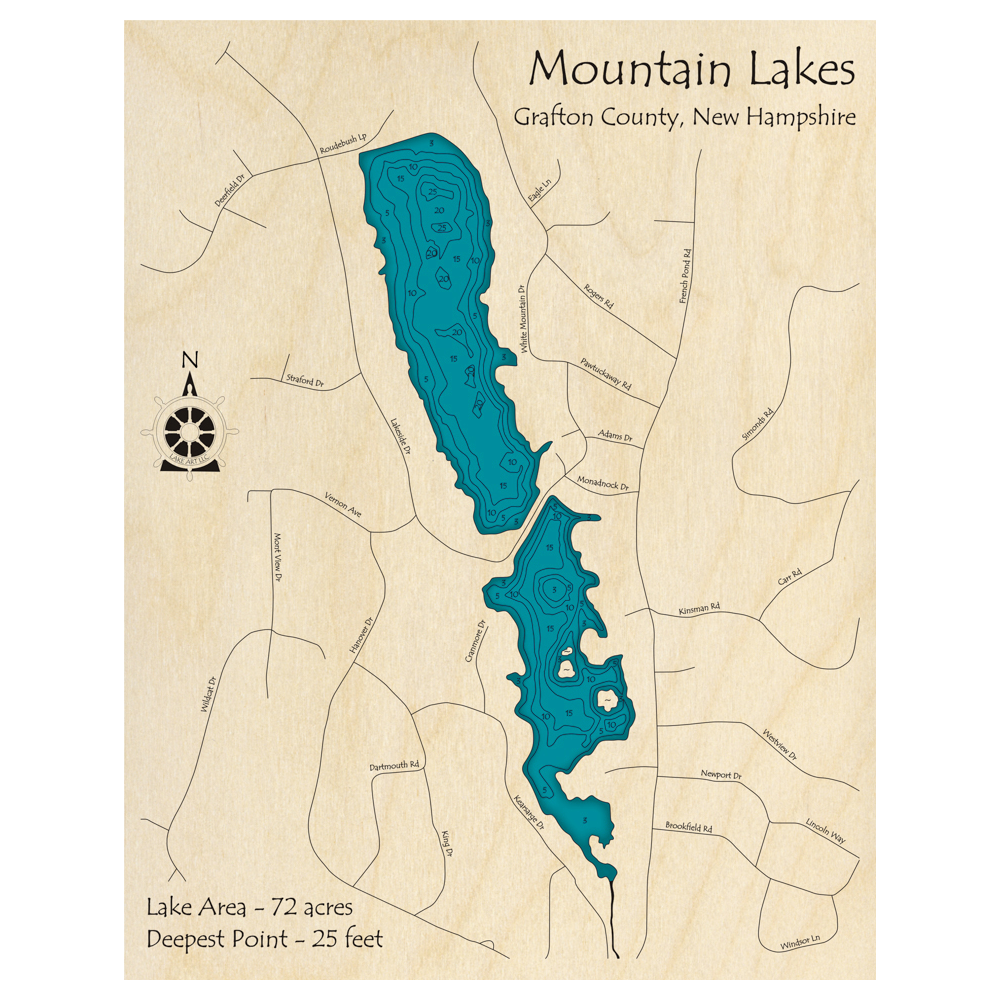 Mountain Lakes, New Hampshire 3D Custom Wood Map – Lake Art LLC
