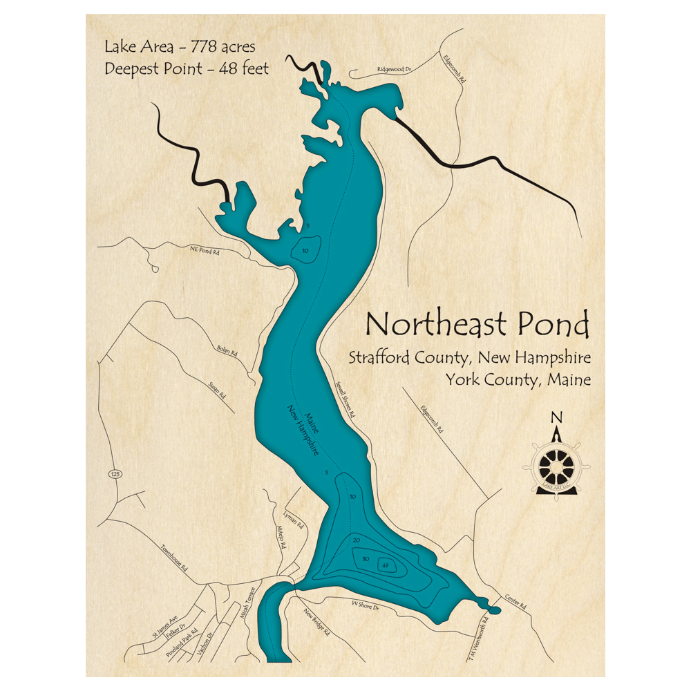 Northeast Pond (ME, NH) 3D Custom Wood Map – Lake Art LLC
