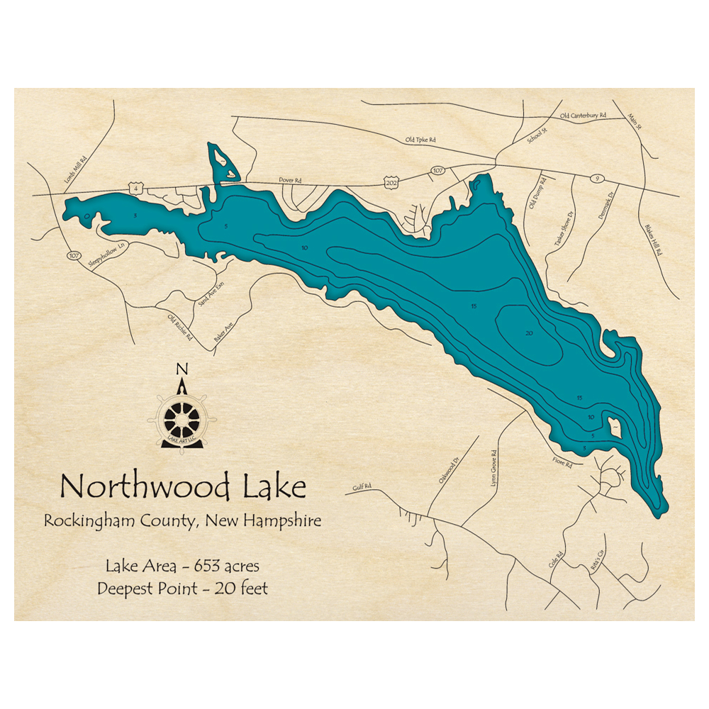 Northwood Lake, New Hampshire 3D Custom Wood Map – Lake Art LLC