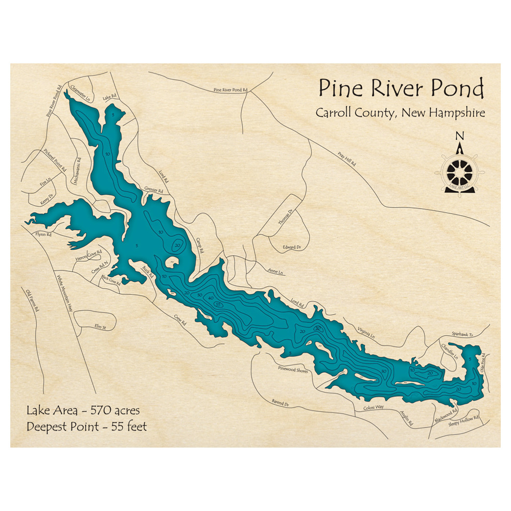 Pine River Pond, New Hampshire 3D Custom Wood Map – Lake Art LLC