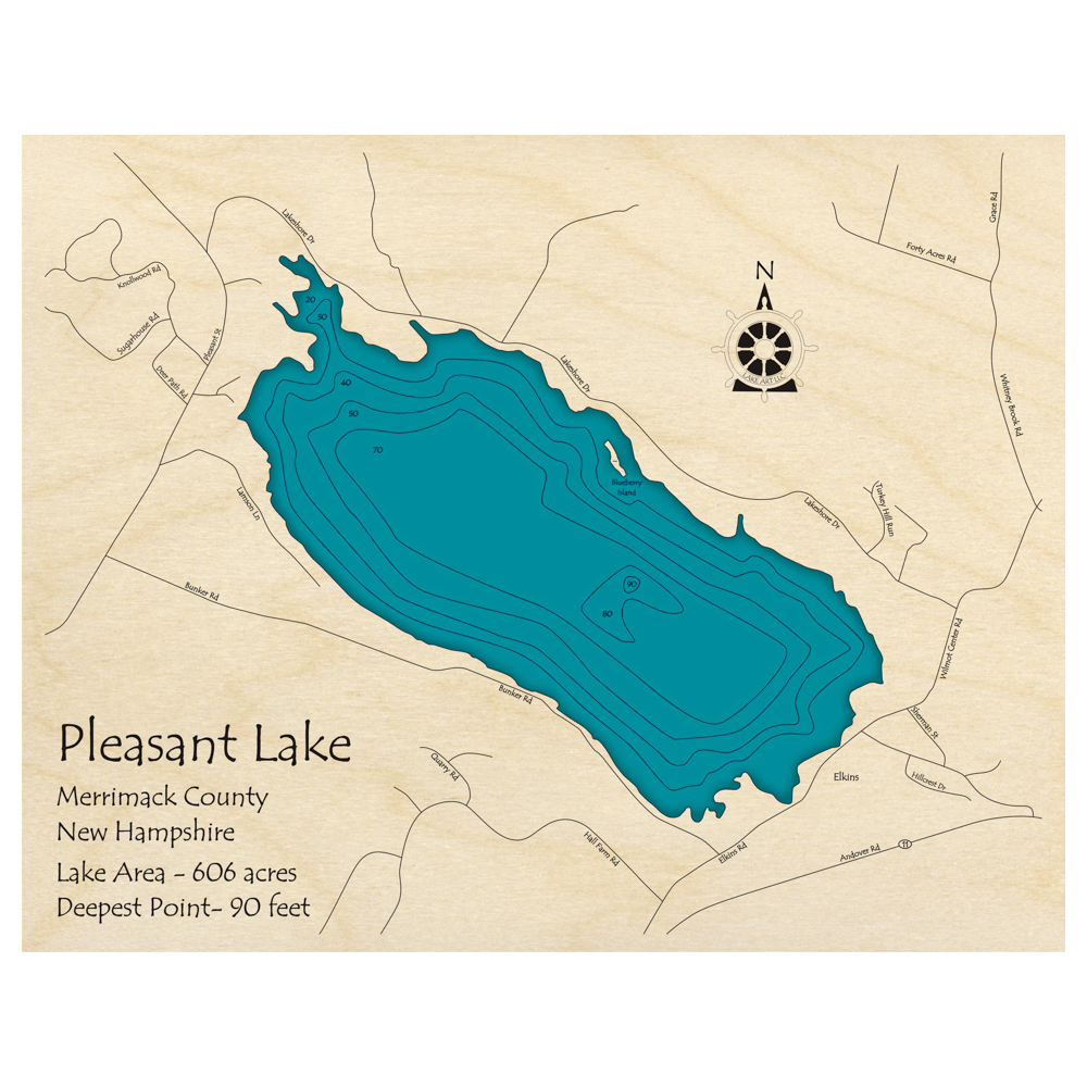 Pleasant Lake, New Hampshire 3D Custom Wood Map – Lake Art LLC