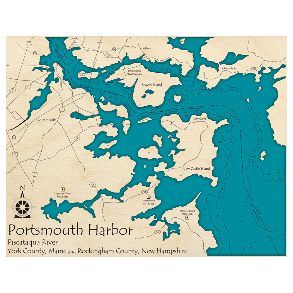 Portsmouth Harbor (ME, NH) 3D Custom Wood Map – Lake Art LLC