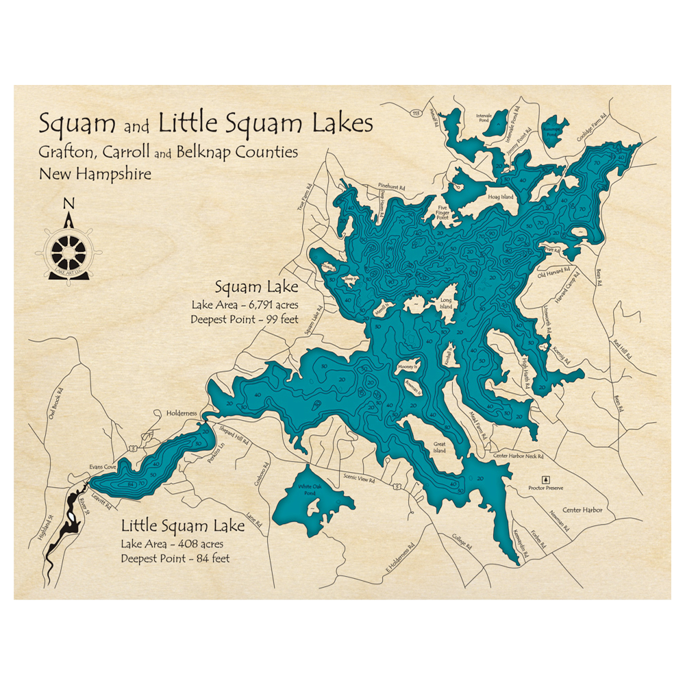 Squam Lake and Little Squam Lake, New Hampshire 3D Custom Wood Map ...