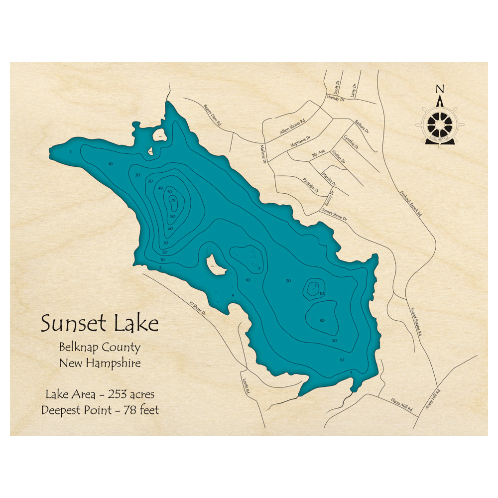 Sunset Lake, New Hampshire 3D Custom Wood Map – Lake Art LLC