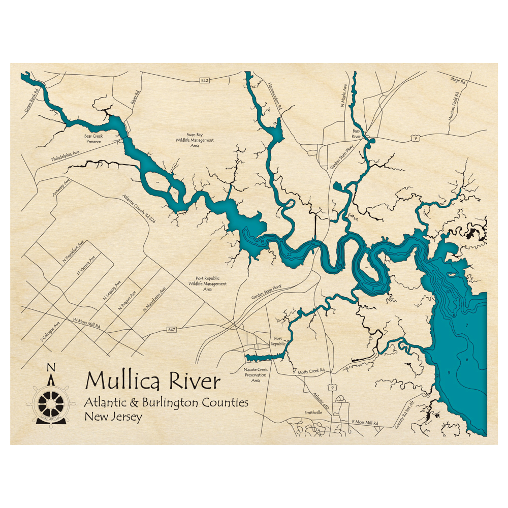 Mullica River, New Jersey 3D Custom Wood Map – Lake Art LLC
