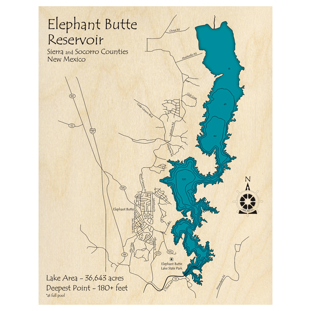Elephant Butte Reservoir, New Mexico 3D Custom Wood Map – Lake Art LLC