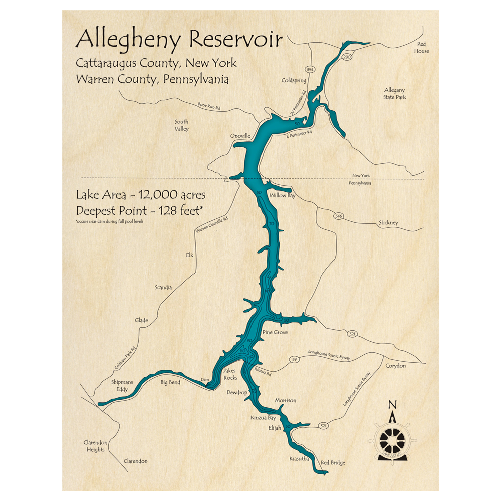 Allegheny Reservoir (NY, PA) 3D Custom Wood Map – Lake Art LLC