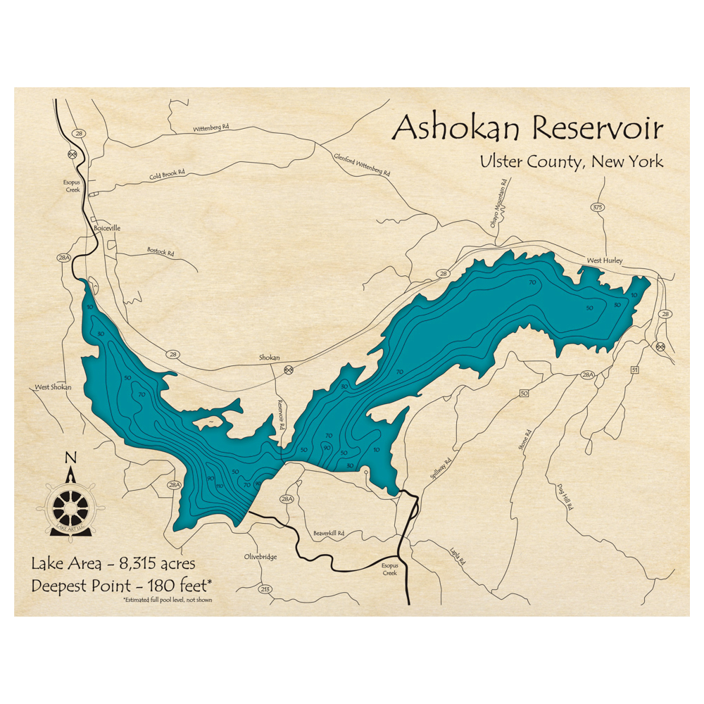 Ashokan Reservoir, New York 3D Custom Wood Map – Lake Art LLC