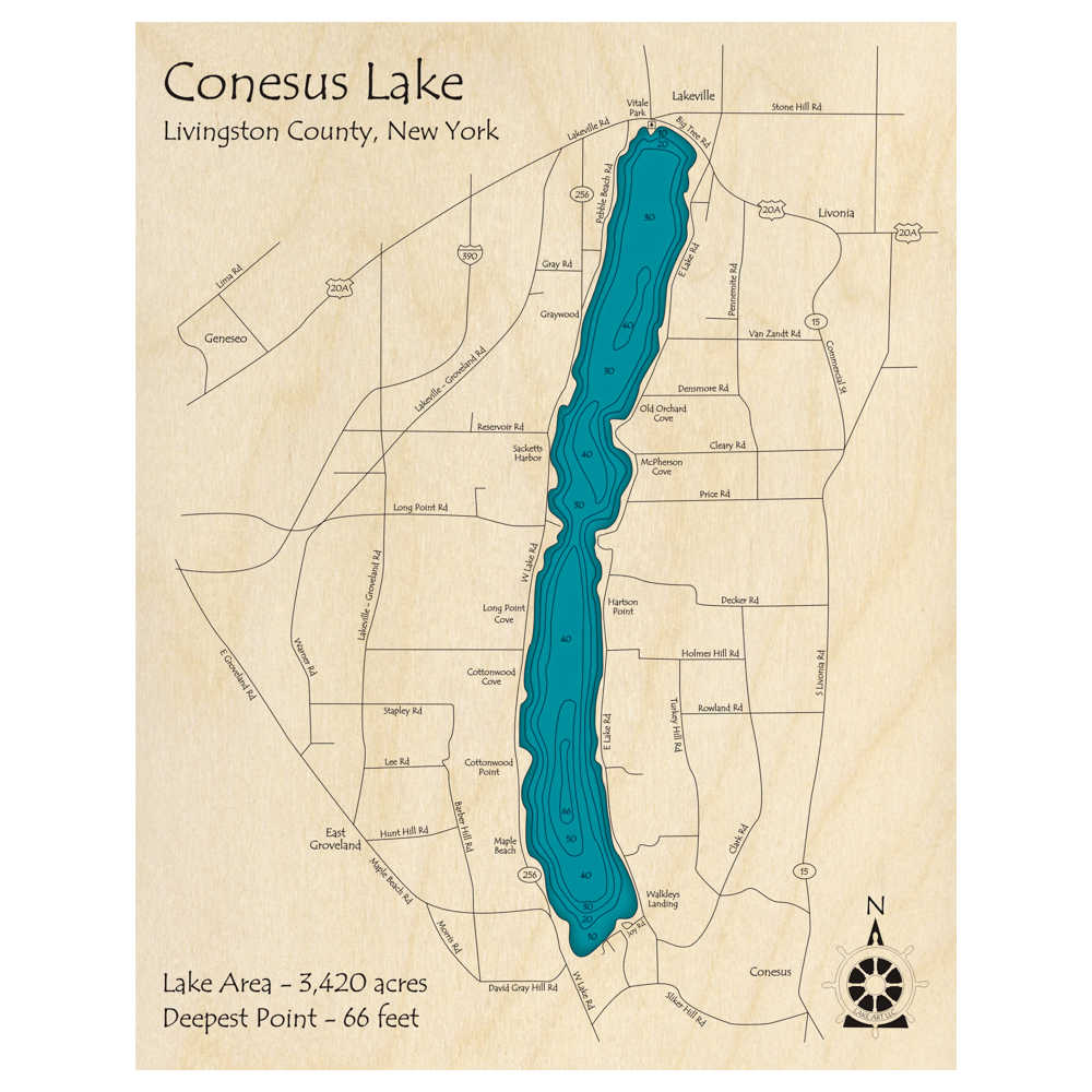 Conesus Lake, New York 3D Custom Wood Map – Lake Art LLC