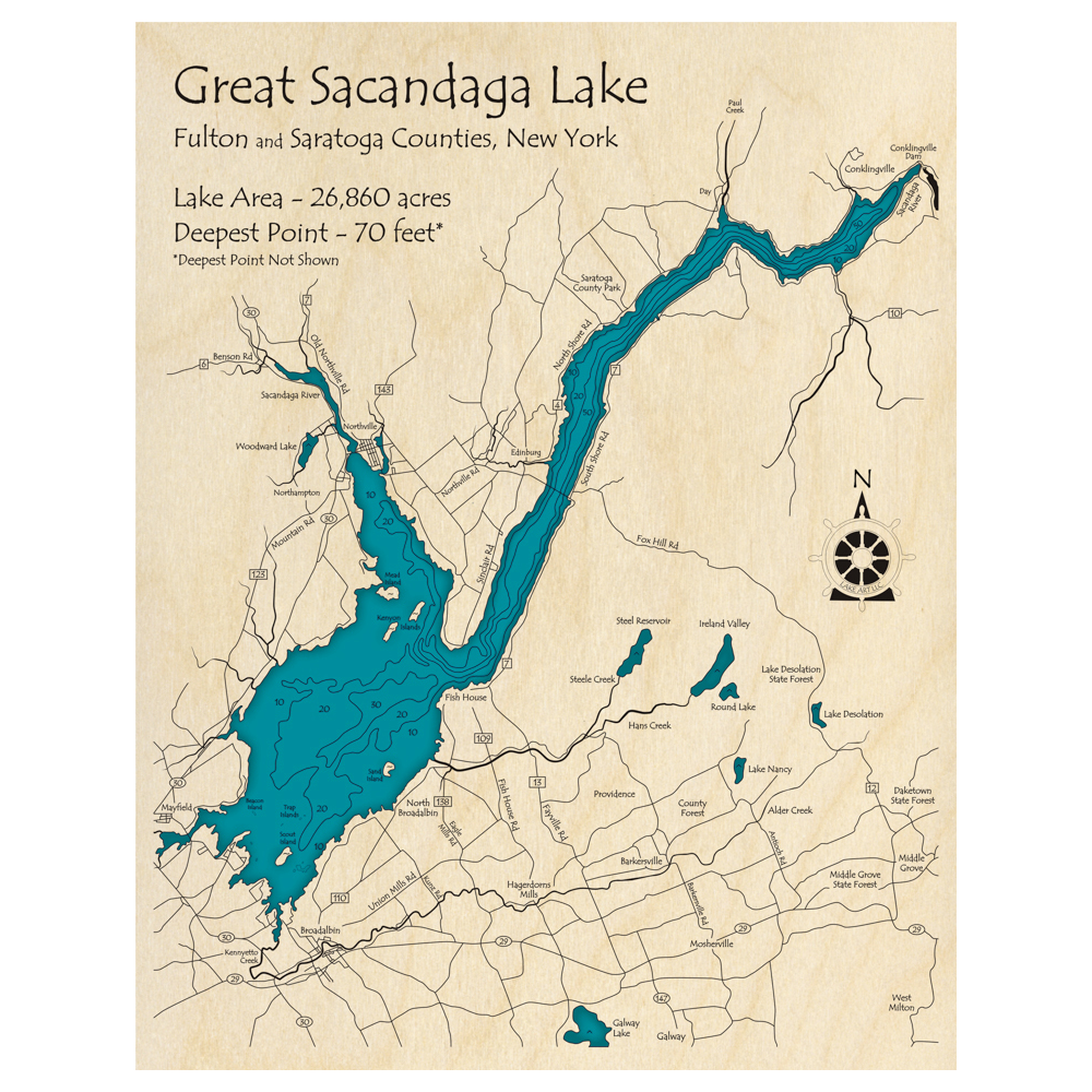 Great Sacandaga Lake, New York 3D Custom Wood Map – Lake Art LLC