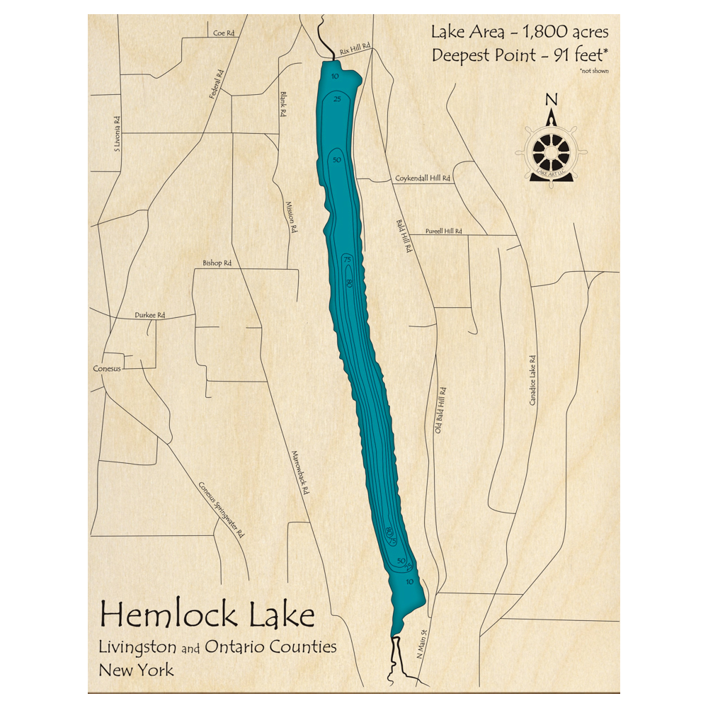 Hemlock Lake, New York 3D Custom Wood Map – Lake Art LLC