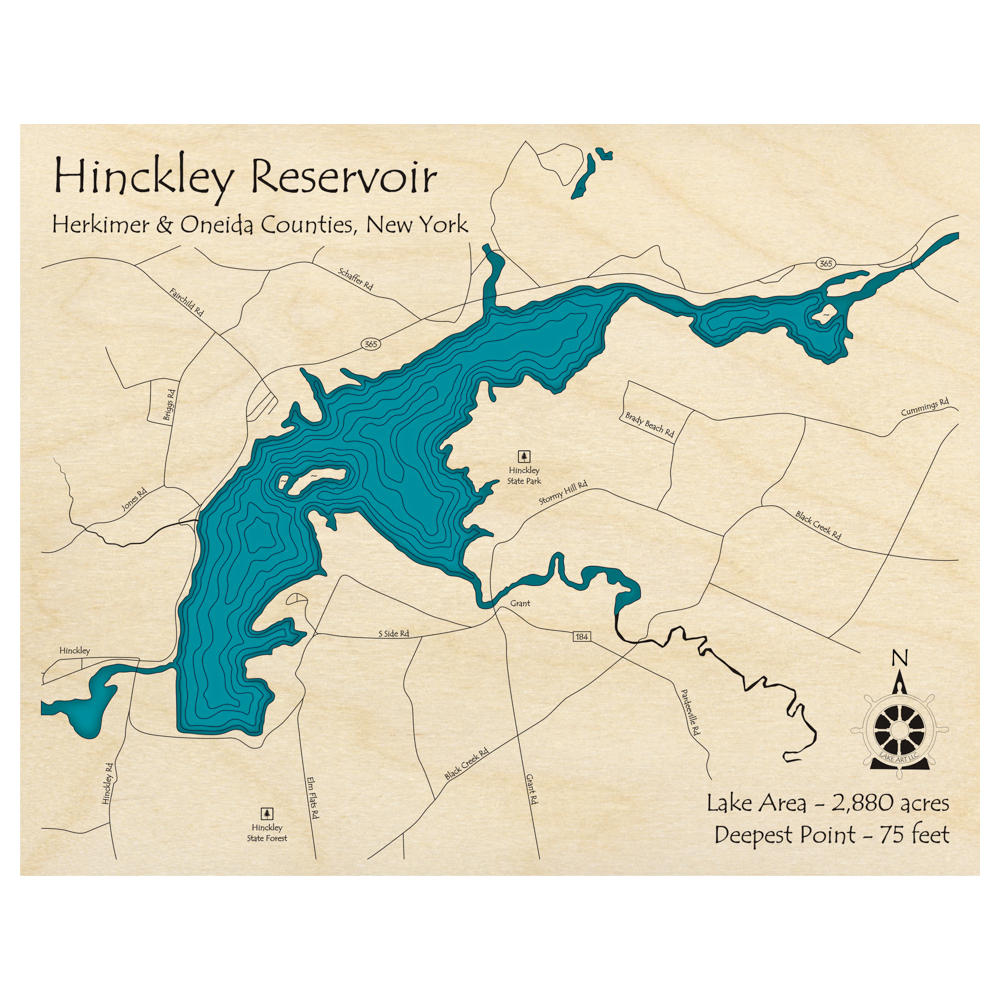 Hinckley Reservoir, New York 3D Custom Wood Map – Lake Art LLC