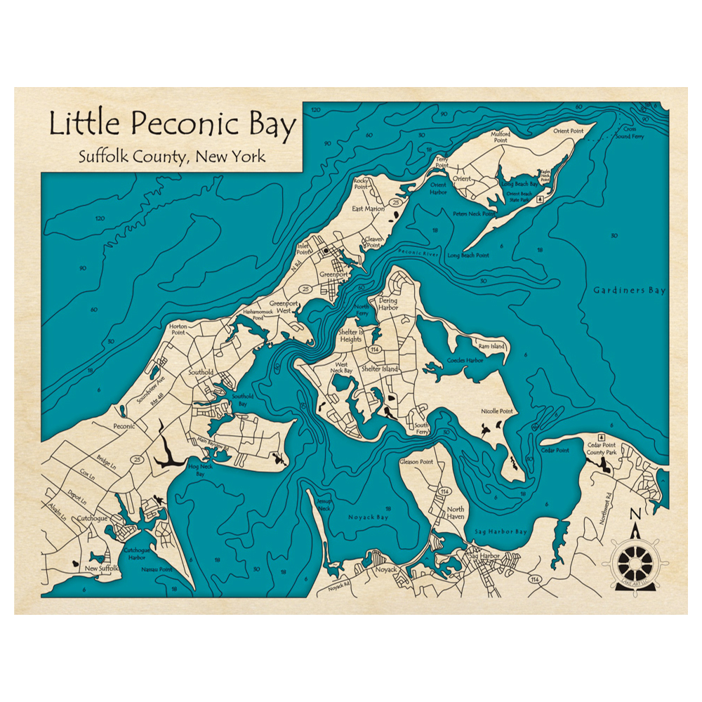 Little Peconic Bay, New York 3D Custom Wood Map – Lake Art LLC