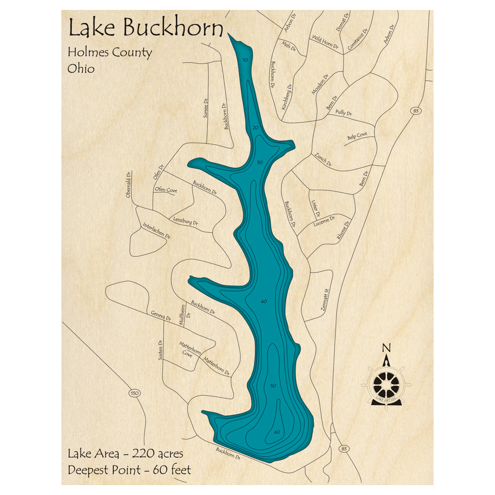 Lake Buckhorn, Ohio 3D Custom Wood Map – Lake Art LLC