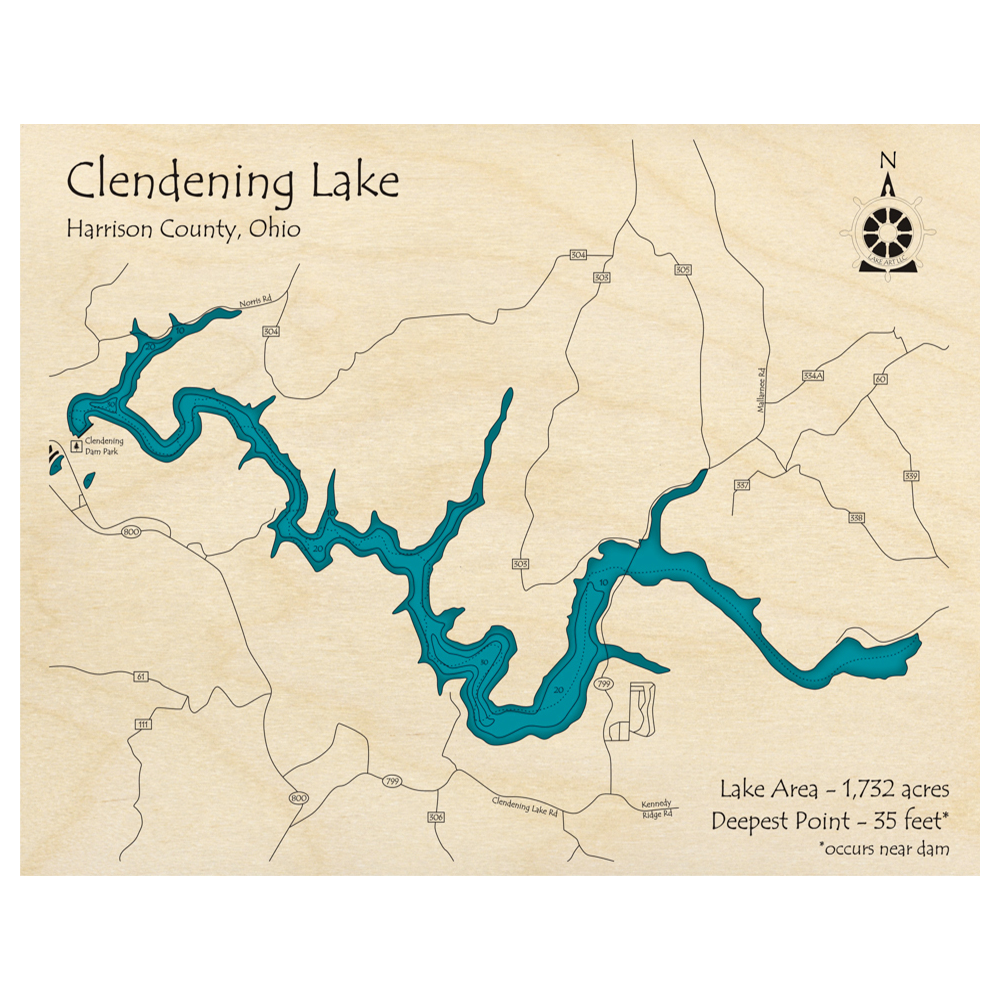Clendening Lake, Ohio 3D Custom Wood Map – Lake Art LLC