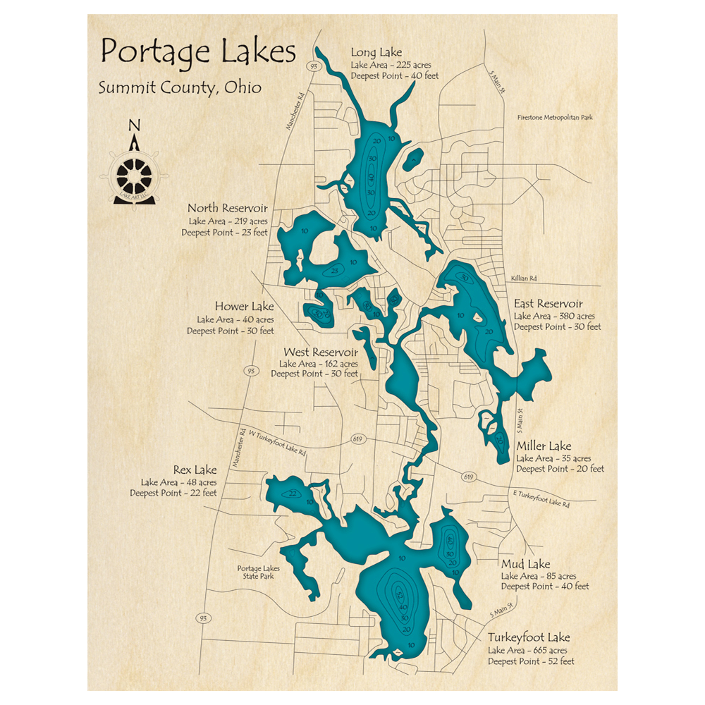 Portage Lakes, Ohio 3D Custom Wood Map – Lake Art LLC