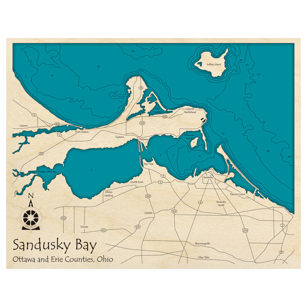 Sandusky Bay, Ohio 3D Custom Wood Map – Lake Art LLC