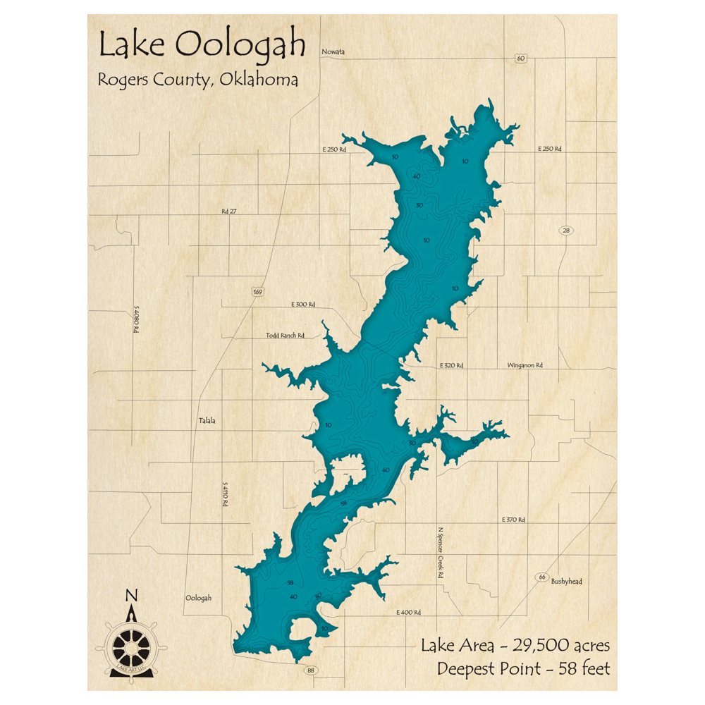 Lake Oologah, Oklahoma 3D Custom Wood Map – Lake Art LLC