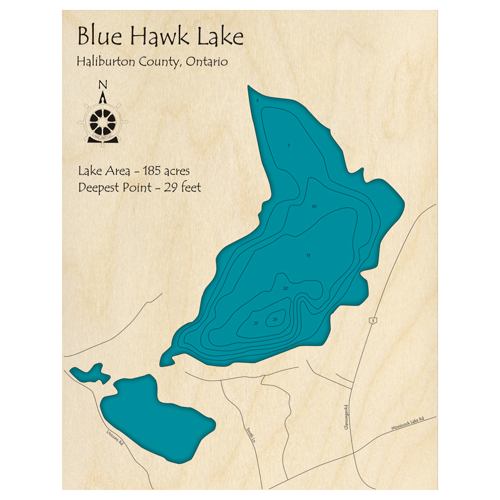 Blue Hawk Lake, Ontario 3D Custom Wood Map – Lake Art LLC