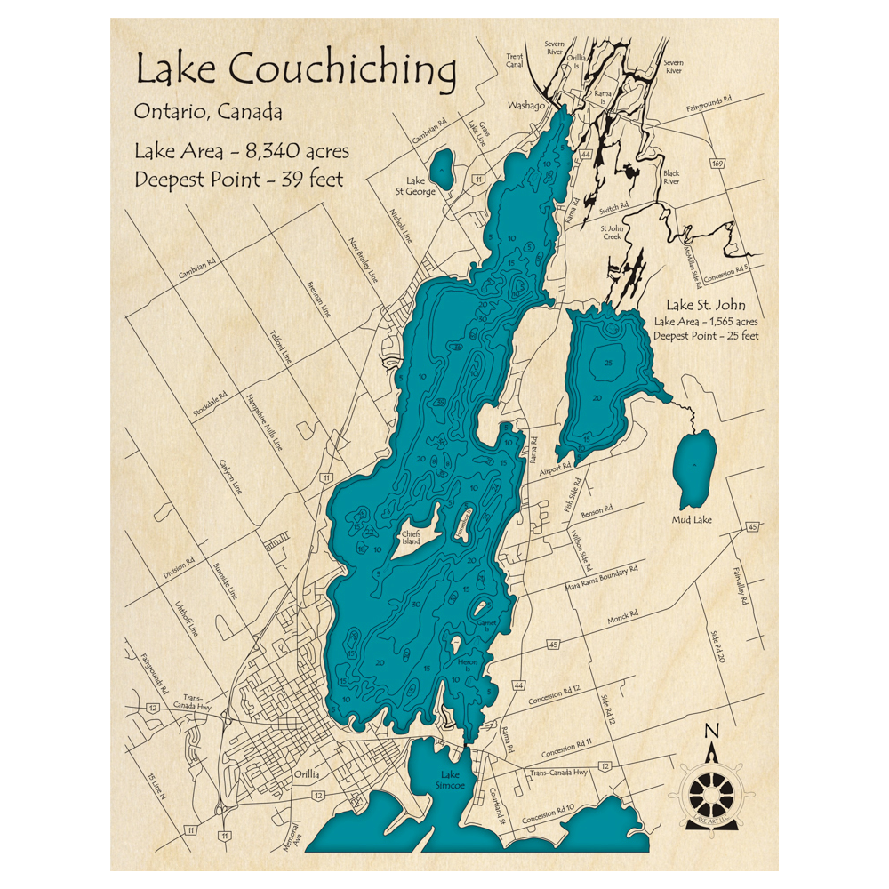 Lake Couchiching, Ontario 3D Custom Wood Map – Lake Art LLC