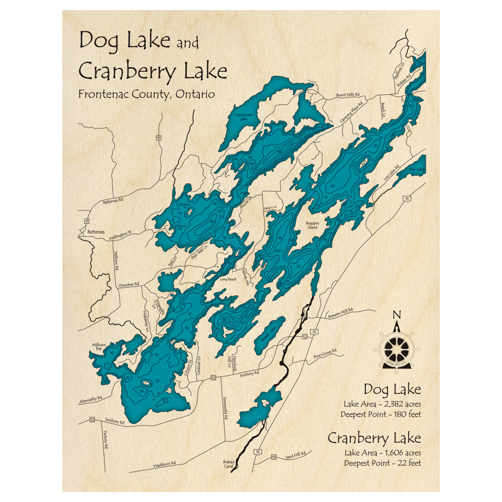 Dog Lake and Cranberry Lake, Ontario 3D Custom Wood Map – Lake Art LLC