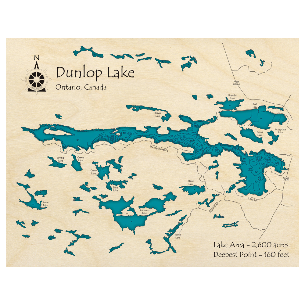 Dunlop Lake, Ontario 3D Custom Wood Map – Lake Art LLC