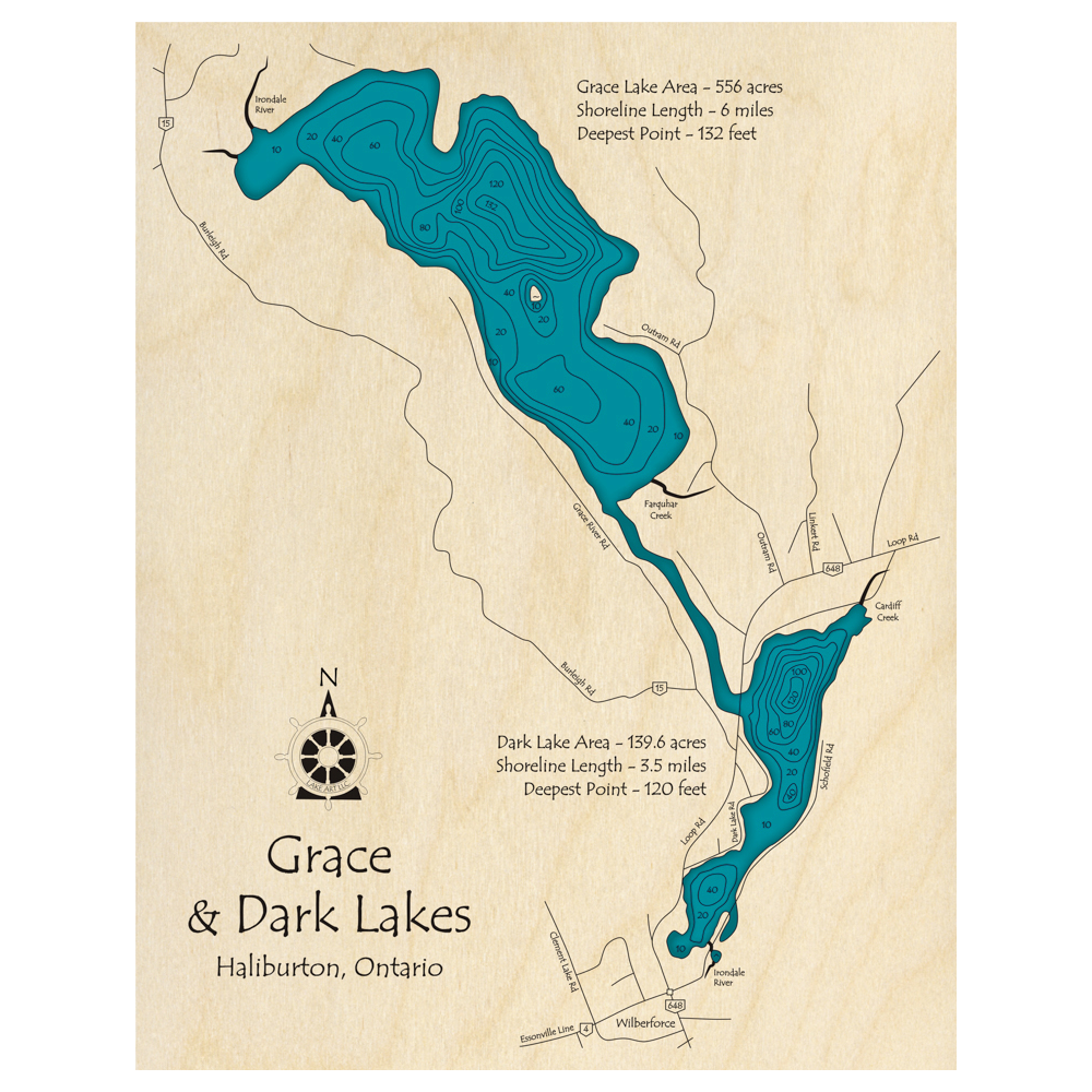 Grace and Dark Lakes, Ontario 3D Custom Wood Map – Lake Art LLC