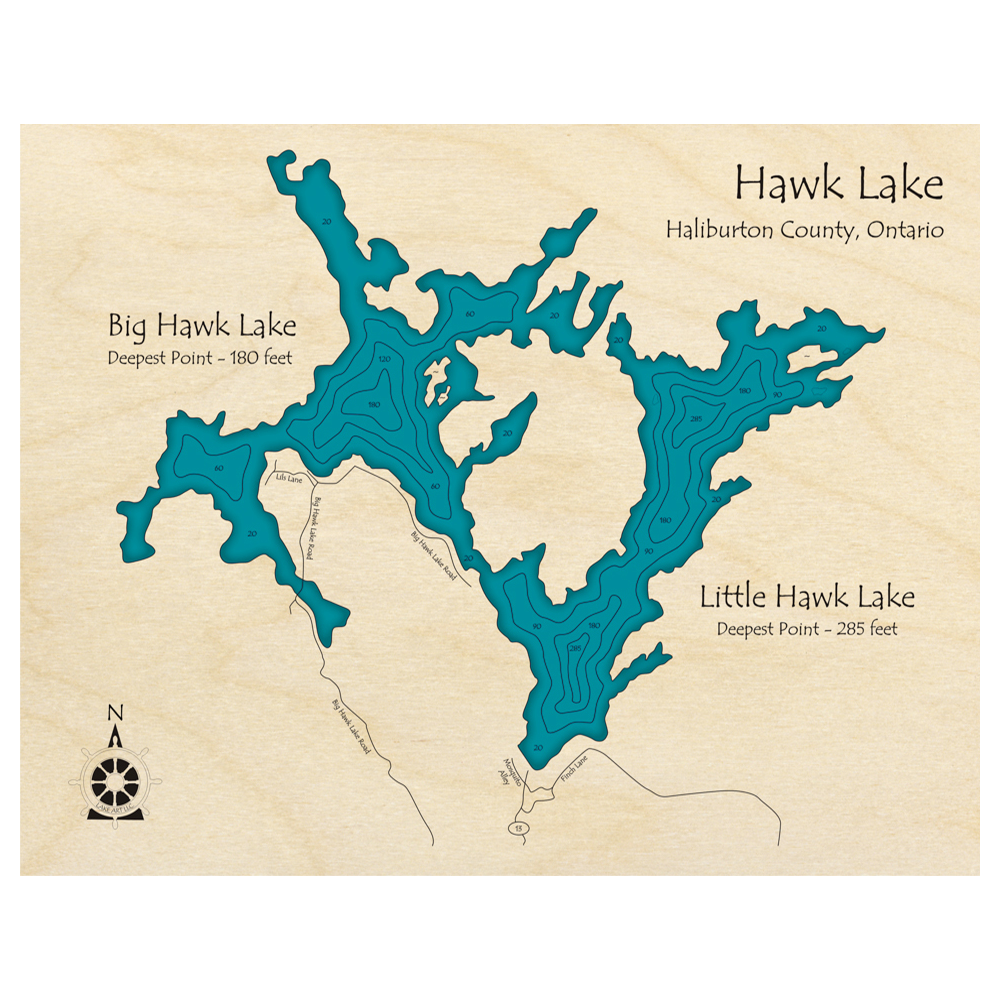 Big and Little Hawk Lakes, Ontario 3D Custom Wood Map – Lake Art LLC