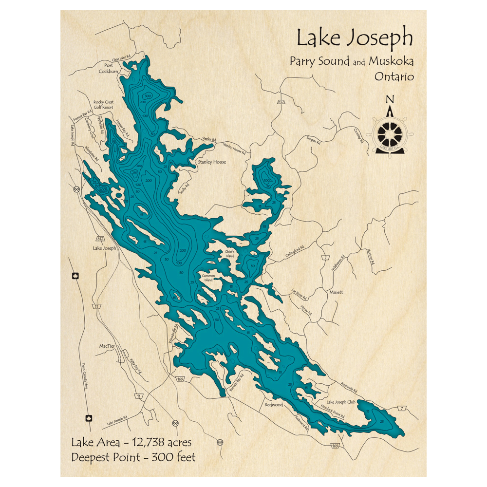 Lake Joseph, Ontario 3D Custom Wood Map – Lake Art LLC