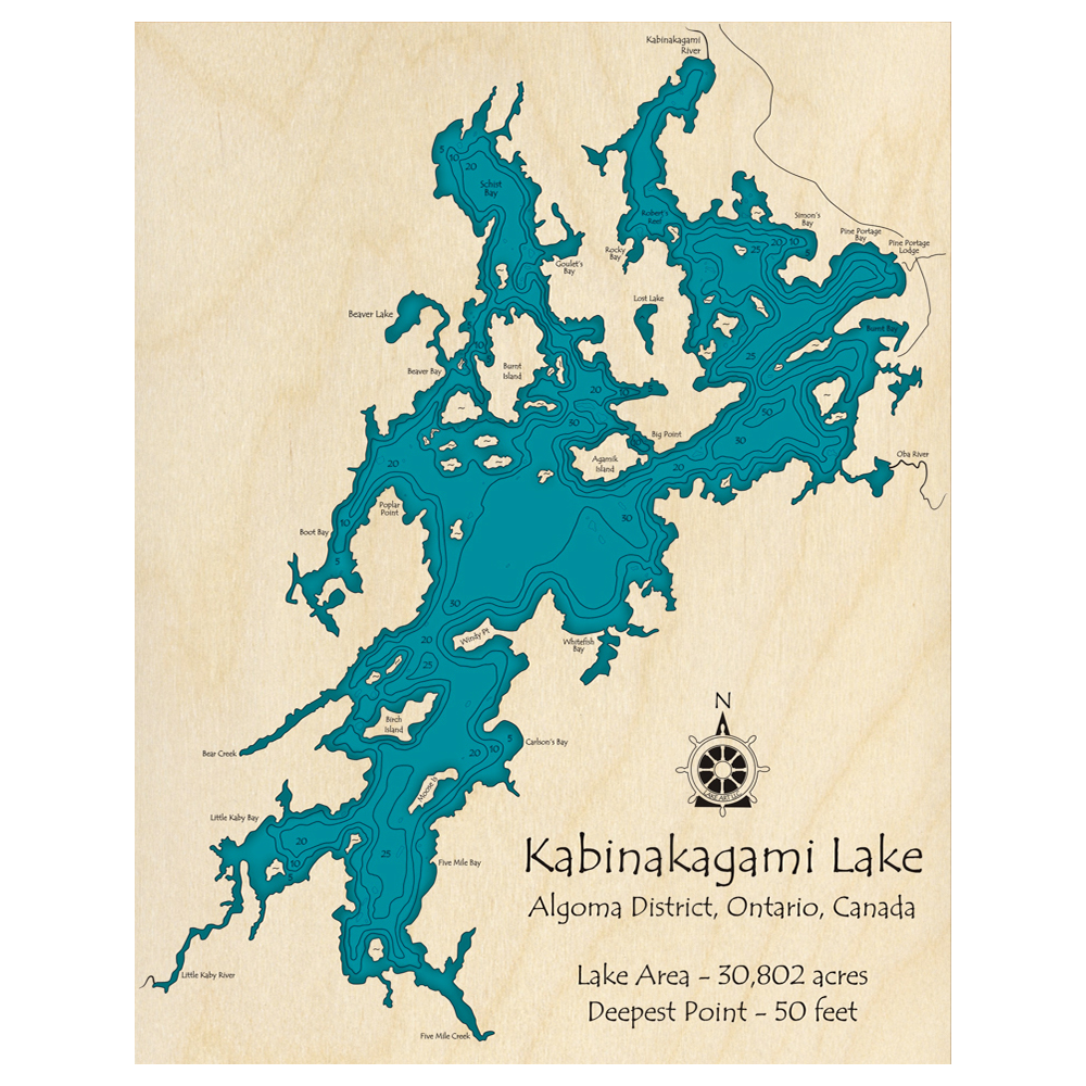 Kabinakagami Lake, Ontario 3D Custom Wood Map – Lake Art LLC