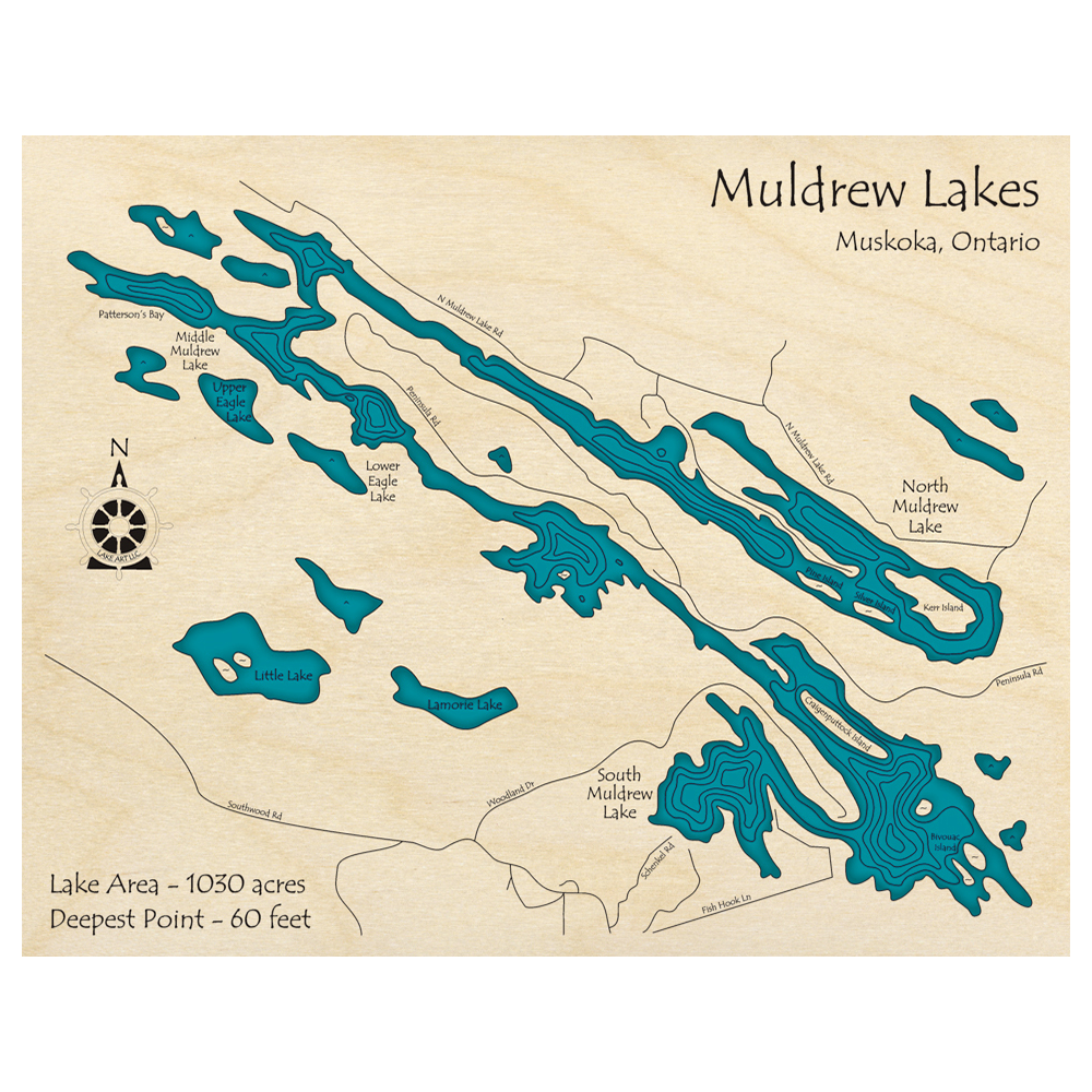 Muldrew Lakes, Ontario 3D Custom Wood Map – Lake Art LLC